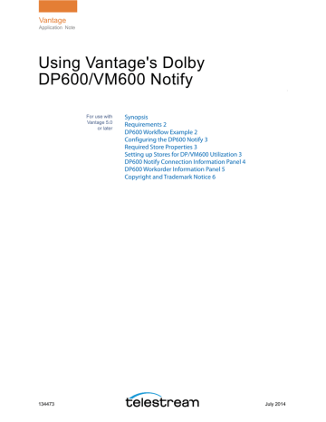 Telestream Vantage Dolby DP600/VM600 Notify Application Note | Manualzz