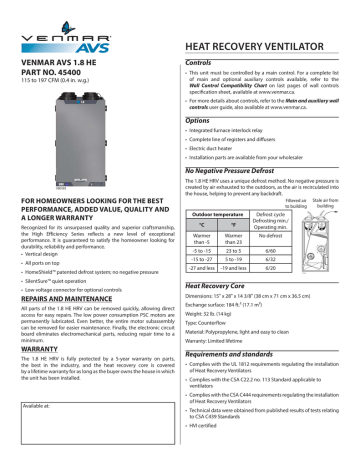 Venmar High Efficiency AVS 1.8 HE Specification Sheet | Manualzz