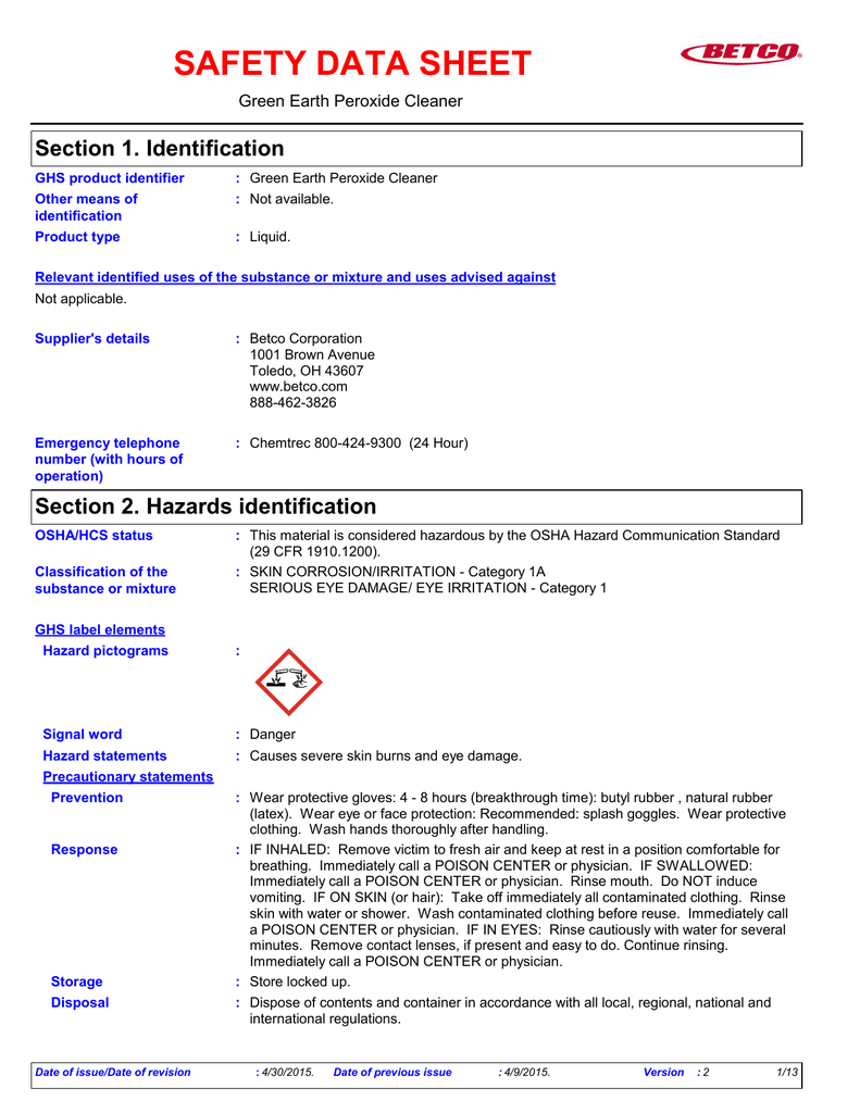 Betco Green Earth Peroxide Cleaner Msds - The Earth Images Revimage.Org
