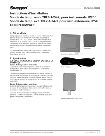 Swegon TBLZ-1-24-2/TBLZ-1-24-3 Capteur temp. ambiante/extérieure Mode d ...