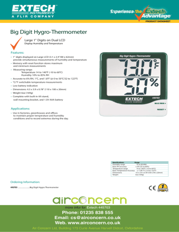 Extech Hygro-Thermometer 445703 Datasheet | Manualzz