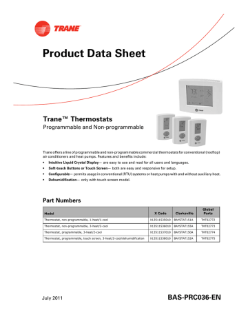 Trane Thermostats Product data sheet | Manualzz