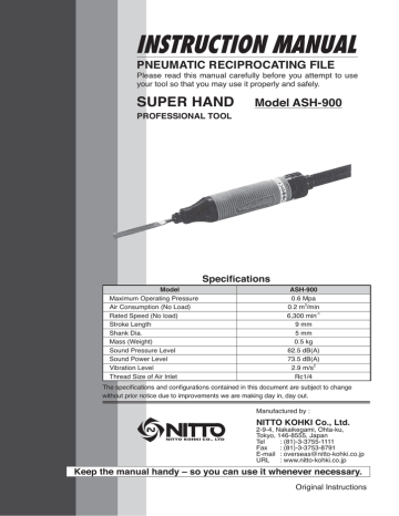 Pneumatic Reciprocating File SUPER HAND ASH-900 Instruction Manual ...