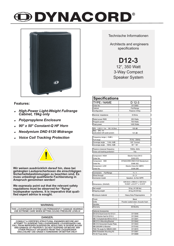 DYNACORD D12-3 Architects And Engineers Specifications, 44% OFF