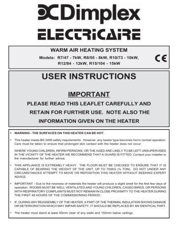 Electricaire R7/47, R8/55, R10/73, R12/84, R15/104 User Instructions ...