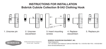 Bobrick B-542 and B-5426 Coat Hook Installation instructions | Manualzz