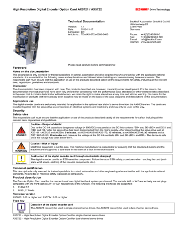 BECKHOFF AX5000 AX5721/AX5722 Digital Encoder Option Card Technical ...