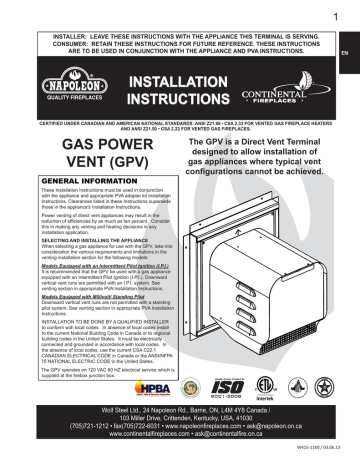 NAPOLEON GPV GAS POWER VENT Installation Instructions Manual | Manualzz