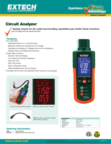 Extech Instruments CT70 GFCI and AC Circuit Analyzer Datasheet | Manualzz