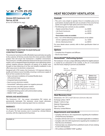 Venmar Constructo 1.5V HRV Air Exchanger Specification Sheet | Manualzz