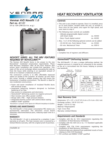 Venmar Novofit 1.0 HRV Air Exchanger Specification Sheet | Manualzz