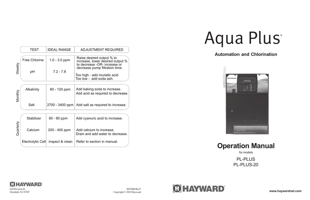 Hayward Aqua Plus Controls plus Chlorination Operation Manual | Manualzz