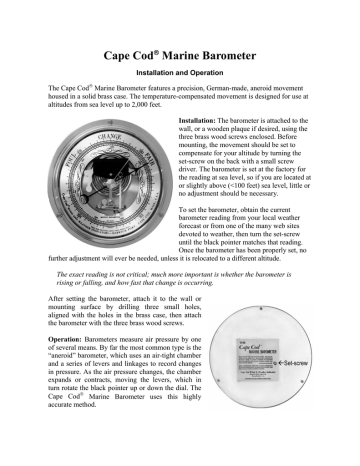 Cape Cod Marine Barometer Installation and Operation | Manualzz