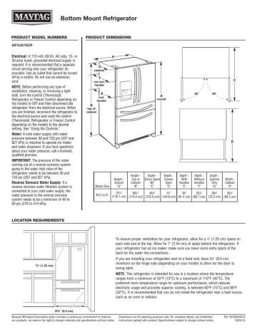 Bottom Mount Refrigerator MFX2876DR Dimension Guide | Manualzz