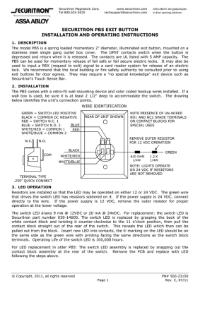 Securitron PB5 Push Buttons Installation Instructions | Manualzz