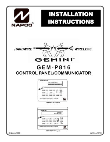 NAPCO Gemini GEM-P816 Installation Instructions Manual | Manualzz
