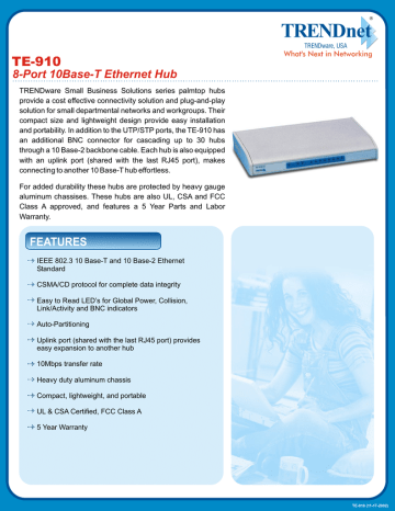 Trendnet TE-910 8-Port 10Base-T Ethernet Hub Datasheet | Manualzz