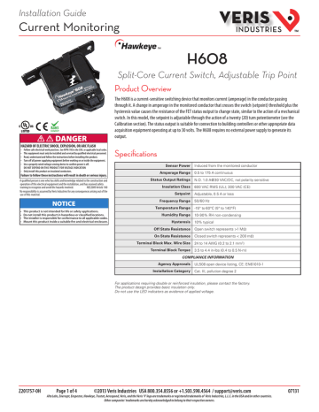 Veris H608 Current Switch Installation Guide | Manualzz