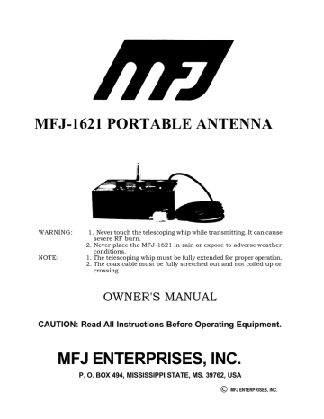 MFJ 1621 ANTENNA, PORTABLE ANTENNA, 10M THRU 40M Product Manual | Manualzz