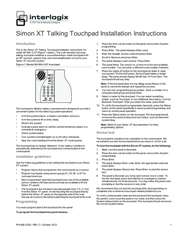 Interlogix Simon XT Talking Touchpad Installation Instructions | Manualzz