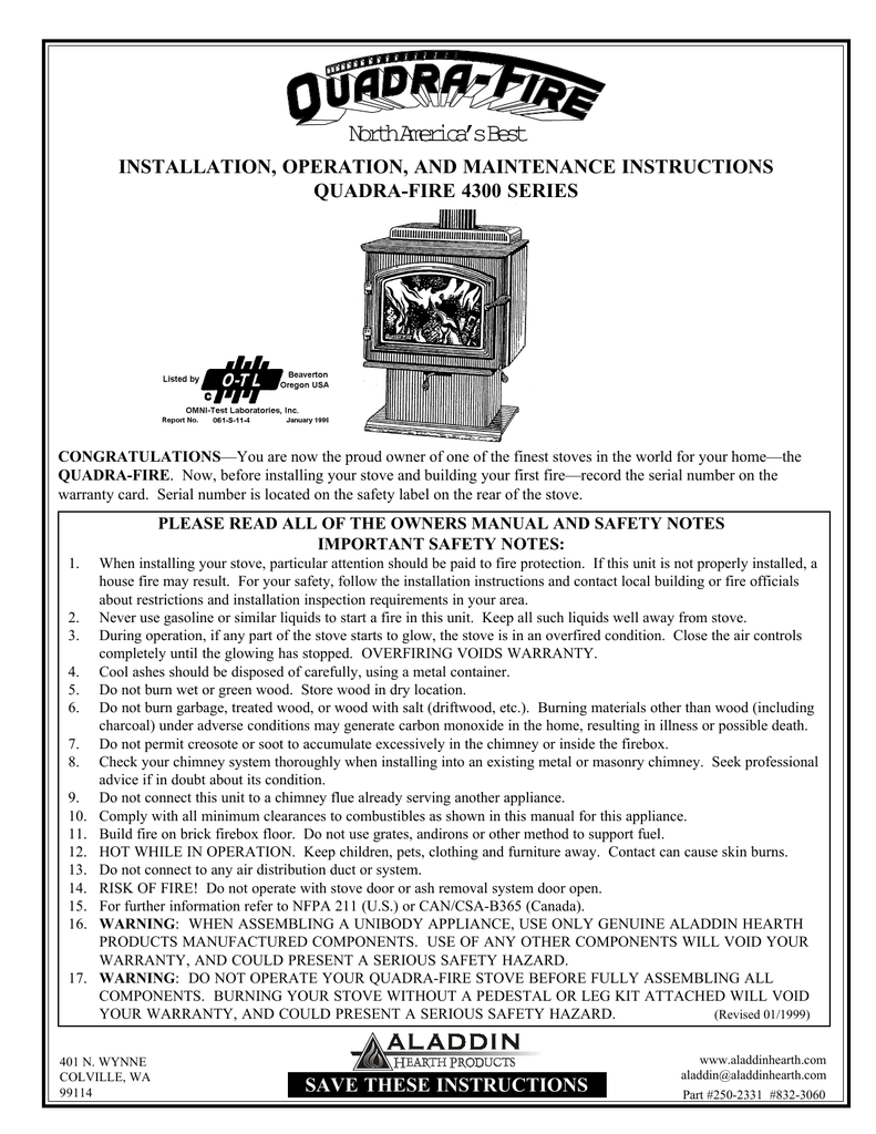 Quadra-Fire 4300 Series Installation, Operation And Maintenance ...