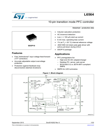 STMicroelectronics L6564 Datasheet - PFC controller L6564 | Manualzz