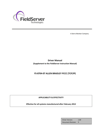 FieldServer Technologies FS-8704-07 ALLEN BRADLEY PCCC (TCP/IP) Driver Manual | Manualzz