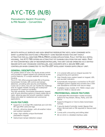 Rosslare AYC-T65 Ultra-Slim Piezo US Gang Backlit PROX & PIN Reader – Convertible Data Sheet ...