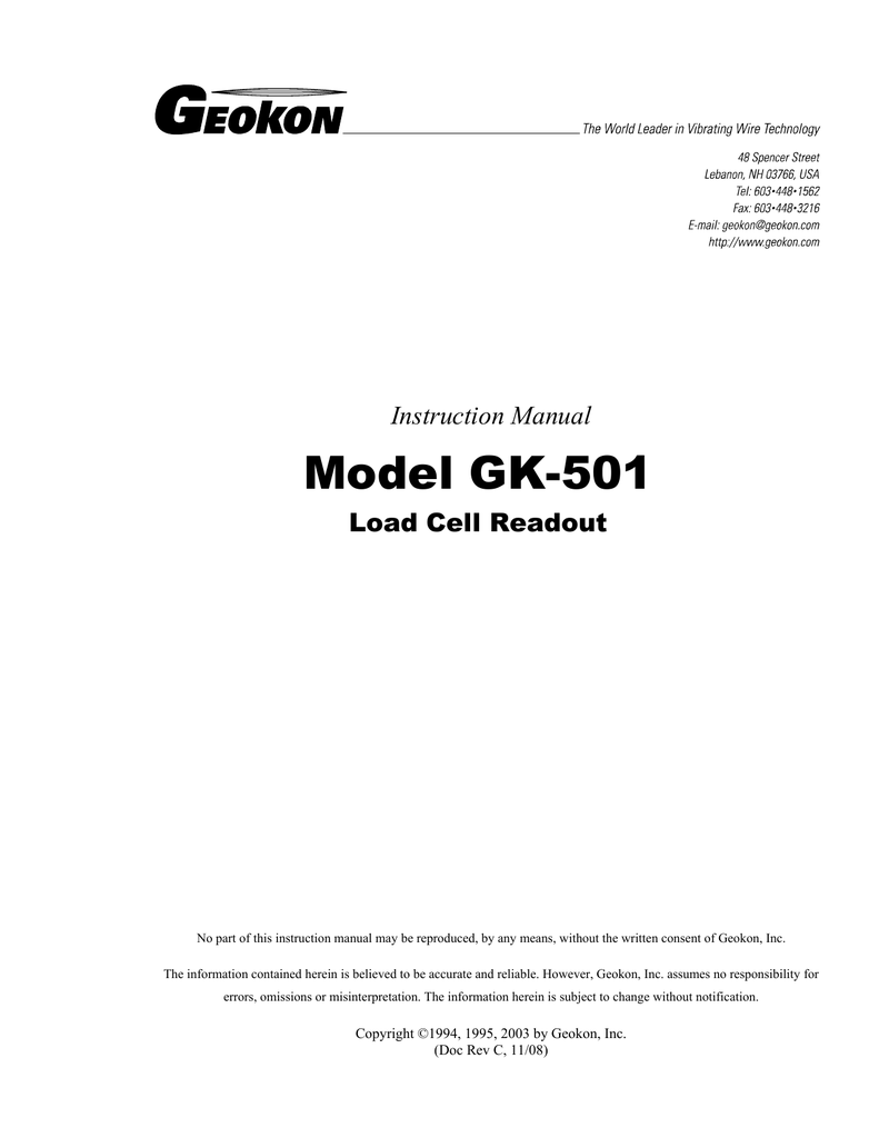 Geokon GK-501 Load Cell Readout Owner's Manual | Manualzz