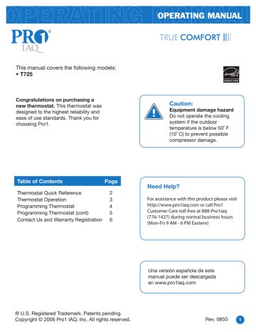 Pro1 T725 Thermostat Operating Manual | Manualzz