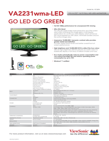 ViewSonic VA2231WMA-LED Computer Monitor Specification Sheet | Manualzz