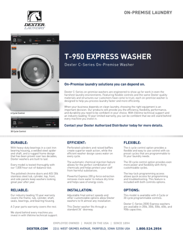 Dexter Laundry T-950 O-Series Express Washer Specification Sheet | Manualzz
