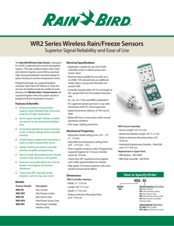 Rain Bird WR2 Series Wireless Rain/Freeze Sensor Tech Spec | Manualzz