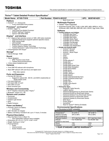 Toshiba AT105-T1016 Tablet Specification | Manualzz