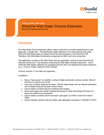 ShoreTel Web Dialer Chrome Extension Installation & User Guide | Manualzz