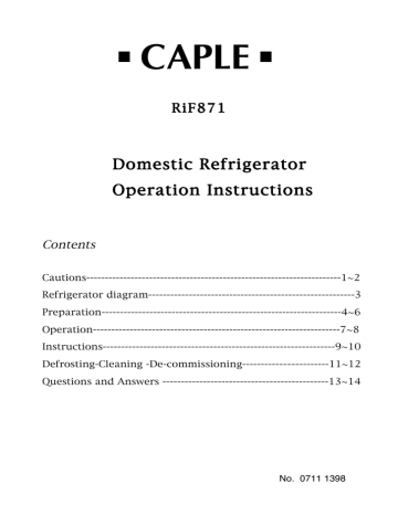 Caple Ri F871 Domestic Refrigerator Operation Instructions | Manualzz