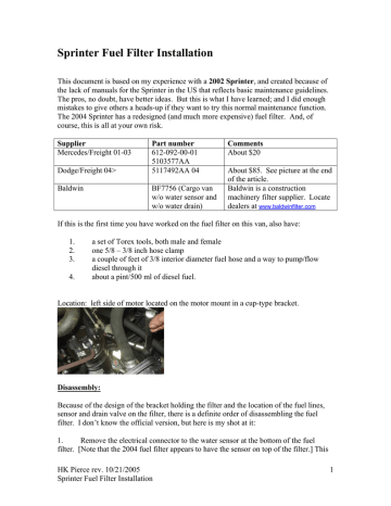 Sprinter Fuel Filter Installation Instructions | Manualzz