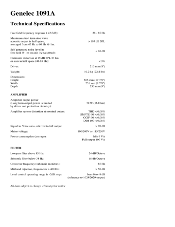 Genelec 1091A Active Subwoofer Specification | Manualzz