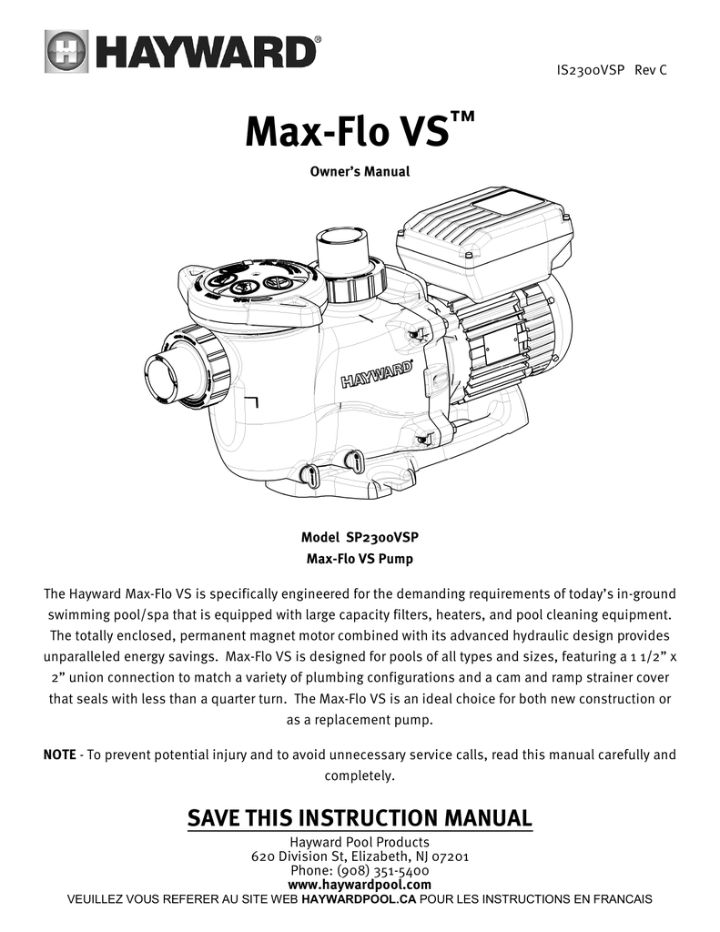 Hayward Max-Flo VS SP2300VSP Owner's Manual | Manualzz