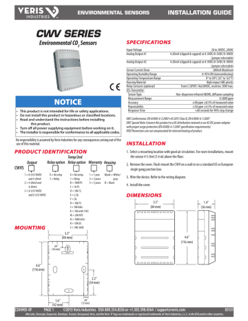 Veris CWVS3XX1 Wall CO2 Sensor Installation Guide | Manualzz