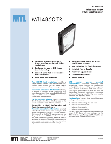 MTL 4850 TR HART Multiplexer Datasheet | Manualzz