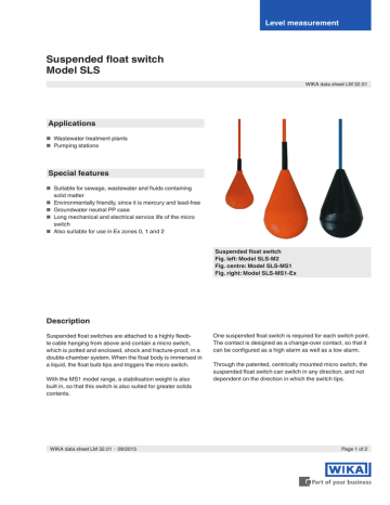 Suspended float switch Model SLS Applications Special features | Manualzz