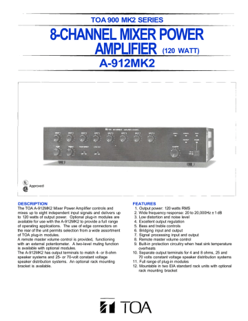 TOA A-912MK2 UL Specification Sheet | Manualzz