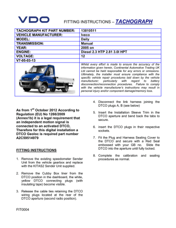 VDO Tachograph Fitting Instructions | Manualzz