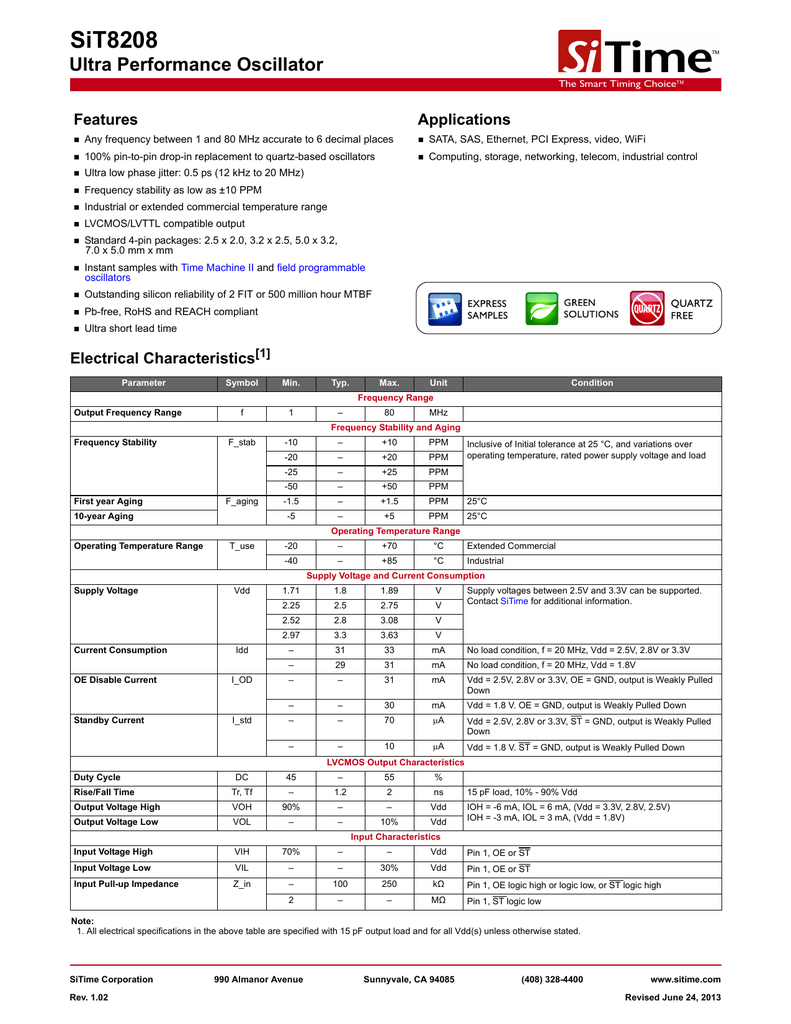 SITIME SIT8208AI-G1-33S-25.000000X MEMS Oscillator Data Sheet | Manualzz