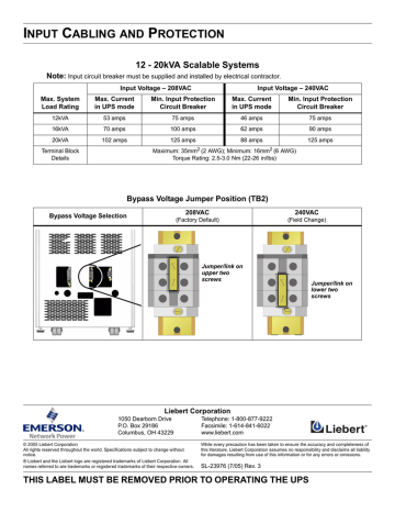 Vertiv Liebert Nfinity 4-20kVA Input/Output Cabling User Manual | Manualzz