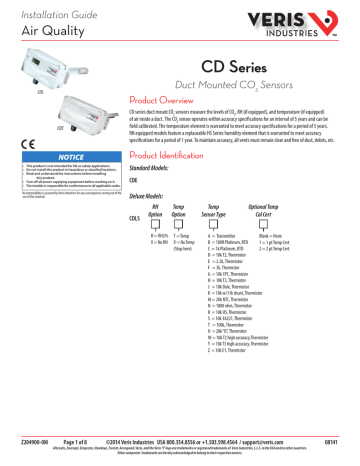 Veris CDE Duct CO2 Sensor Installation Guide | Manualzz