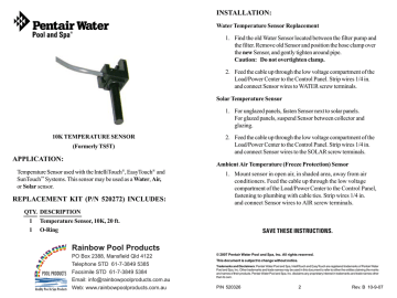 Pentair TS5T Temperature Sensor Installation Instructions | Manualzz