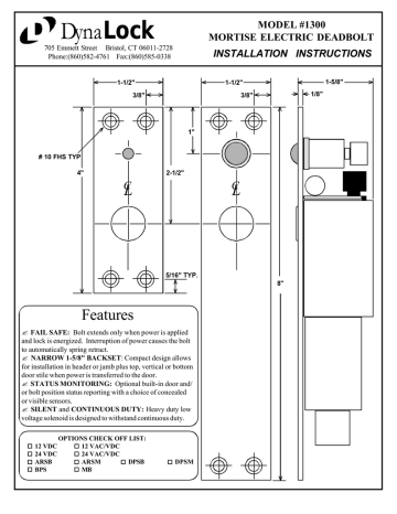 DynaLock 1300 Electric Deadbolt Installation Instructions | Manualzz