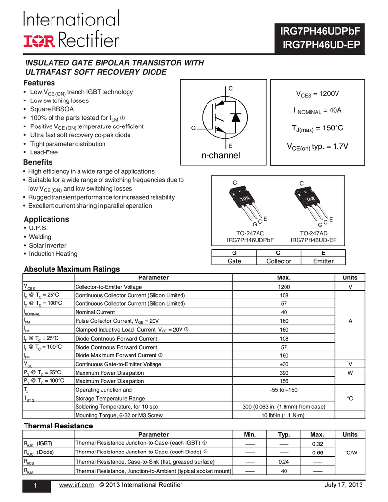 INTERNATIONAL RECTIFIER IRGP4066DPBF IGBT 140A 1.7V TO-247AC-3 ...
